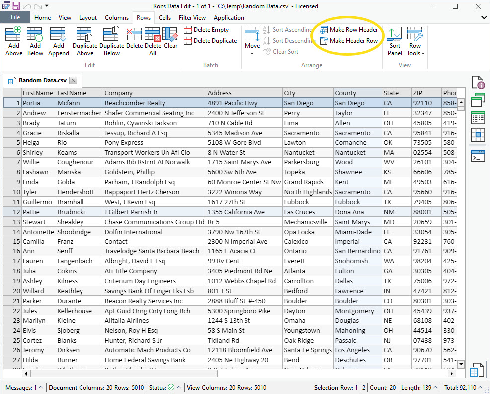 Rons Data Edit - How To change the header in a CSV file